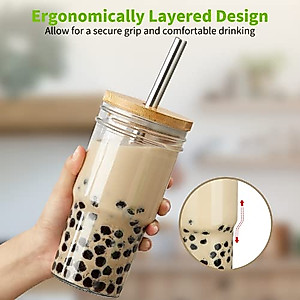 4 Pack Glass Cups with Bamboo Lids and Straws (USA MADE), 22 oz Glass Tumbler with Straw and Lid, Reusable Boba Cup Smoothie Cup Iced Coffee Cup Wide Mouth Mason Jar Cups Drinking Glasses for Bubble