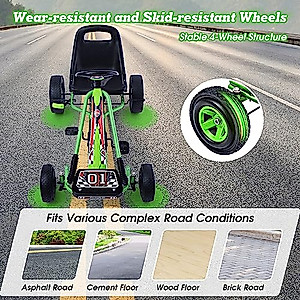 HONEY JOY Go Kart for Kids, 4 Wheel Quad Off-Road Pedal On Foot Go Cart w/Steering Wheels & Adjustable Seat, 2 Safety Brakes, EVA Rubber Tires, Clutch, Outdoor Racer Ride On Pedal Car (Green)