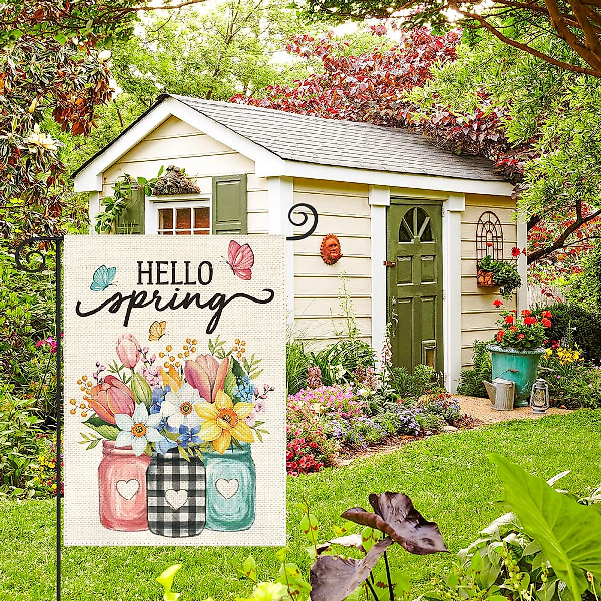AVOIN colorlife Hello Spring Garden Flag 12x18 Inch Double Sided Outside, Floral Mason Jar Holiday Yard Outdoor Flag