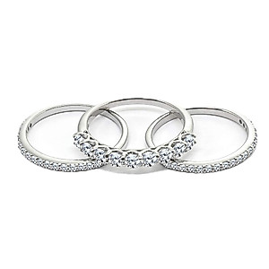 Sterling Silver Cubic Zirconia Round Stackable Anniversary Thin Eternity Band Three Ring Set, Size 7