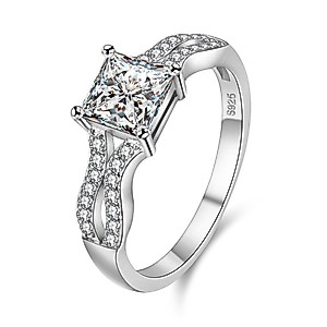 Uloveido Womens Princess Cut Split Shank Engagement Ring White Gold Plated Halo Promise Wedding Ring with Created Diamond Size 7 WX026