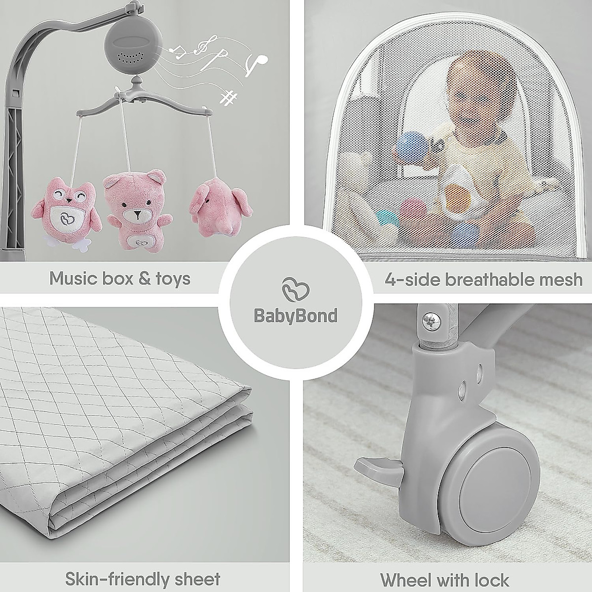 BabyBond Baby Bassinet Bedside Crib, Pack and Play with Sheet, Diaper Changing Table and Music Mobile from Newborn to Toddles, Portable Large Playard