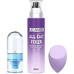 UCANBE Long Lasting Makeup Setting Spray Kit- 6.76 Fl oz Hydrating Matte Finish Mist Lightweight Face Make up Fixer +Travel Size Spray Bottle+Sponge Puff Makeup Set