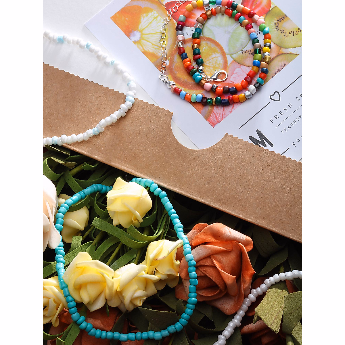 Hicarer Women Bead Choker Necklace Colorful Bohemian Seed Bead Chain Women Boho Hawaiian Tiny White Turquoise Layered Collar