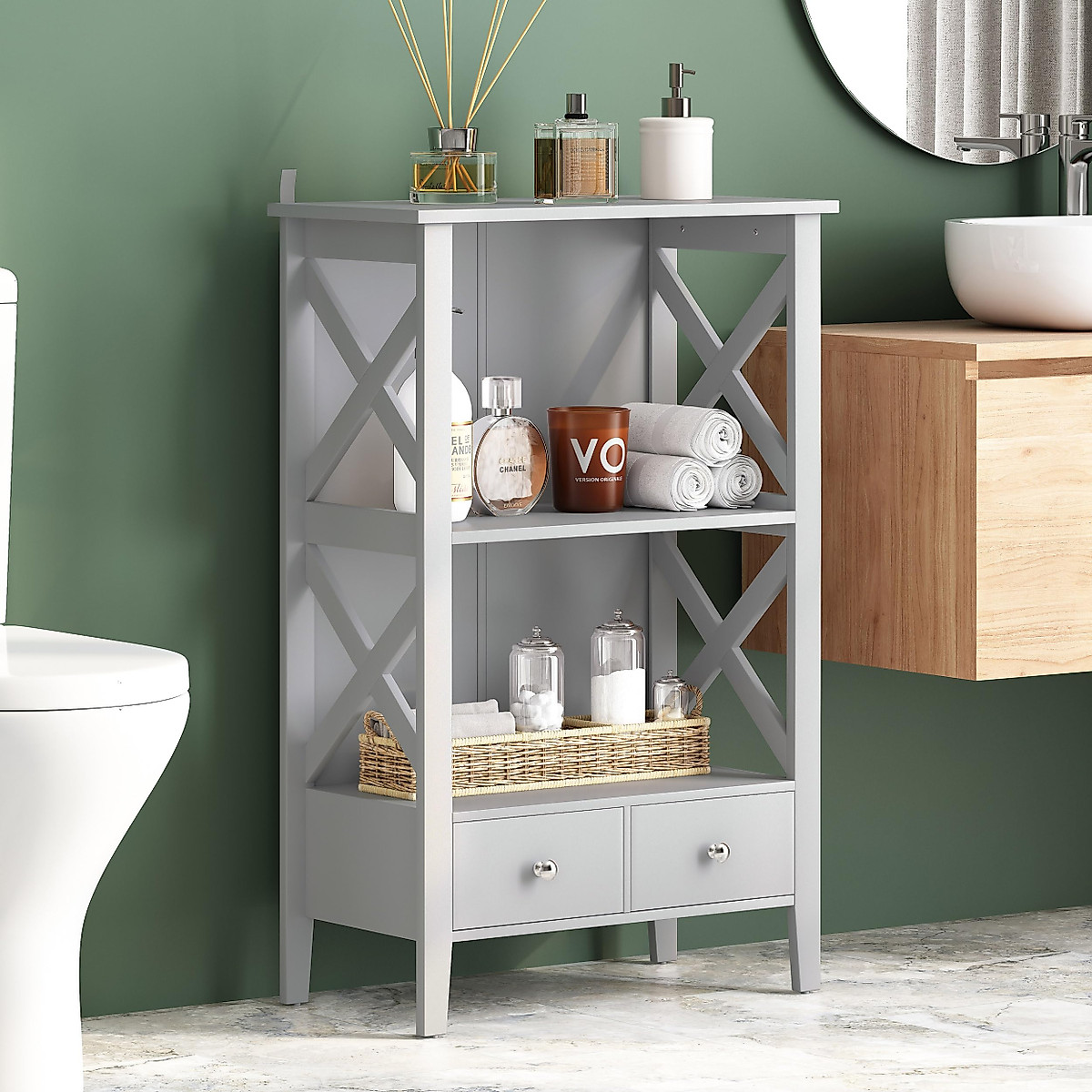 Rustic Bathroom Storage Cabinet with 2 Drawers, White