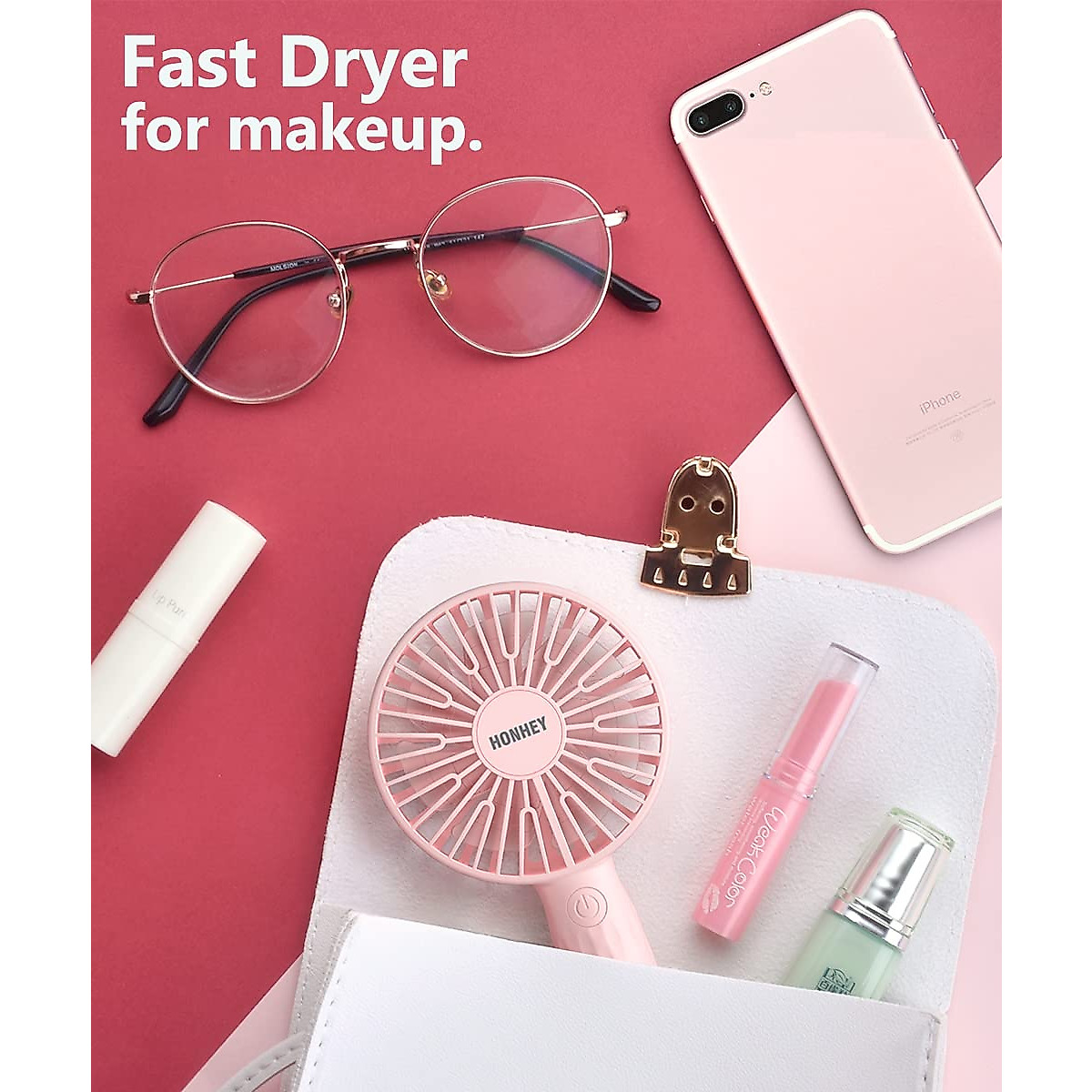 HonHey Handheld Fan Super Mini Personal Fan with Rechargeable Battery Operated and 3 Adjustable Speed Portable Hand Held Fan Eyelash Fan for Girls Women Kids Outdoor Travelling Indoor Office Home (pink)