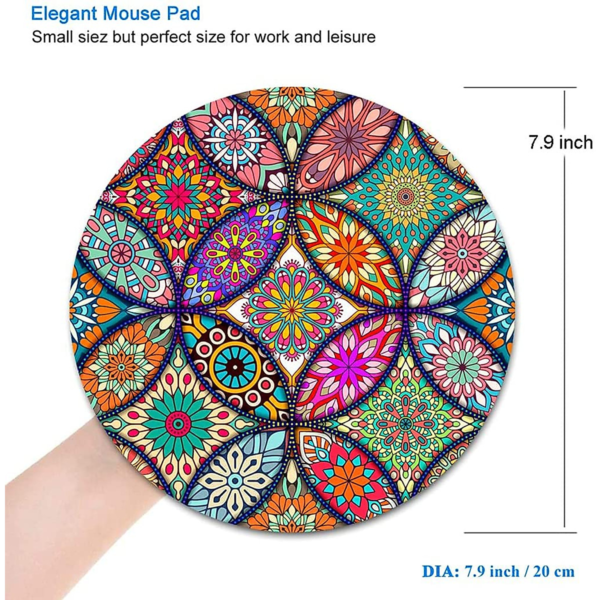 BOSOBO Mouse Pad, Round Mandala Mouse Mat, Cute Mouse Pad with Design, Non-Slip Rubber Base Mousepad with Stitched Edge, Waterproof Women Office Mouse Pads, Small Size 7.9 x 7.9 Inch, Pretty Mandala