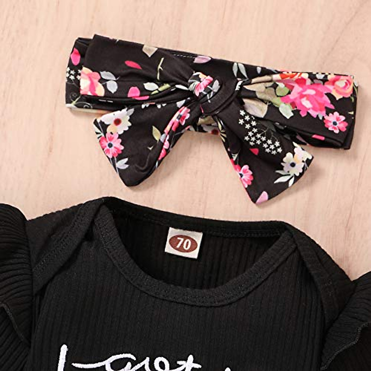 YOUNGER TREE 3PCS Newborn Infant Girls Clothes Baby Girl Fall Outfits Mustard Yellow Romper Baby Clothes Gril Winter Outfits (12-18 Months, Black Romper+Floral Skirt Pants Set)