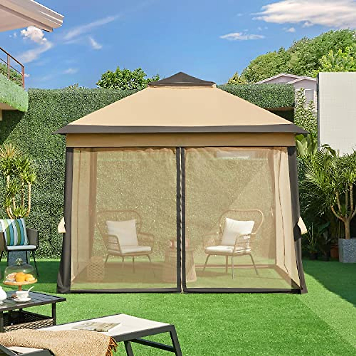 Yaheetech 11'x11' Pop Up Gazebo Outdoor Canopy Shelter Instant Pop Up Patio Gazebo Sun Shade Gazebo Canopy Tent with Double Tiers and Mesh Netting, for Lawn, Garden, Backyard and Deck (Khaki&Brown)