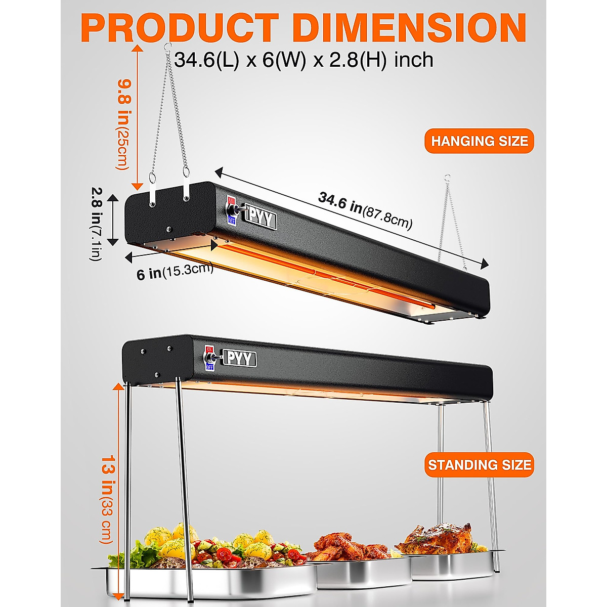 PYY 35 Inch Food Heat Lamp Aluminum Infrared Strip Heater Overhead Food Warmer Light Electric Commercial Grade for Restaurant Buffet Catering Kitchen 750W