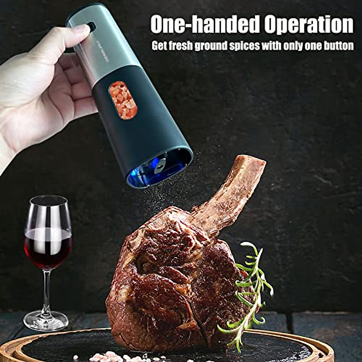 Rechargeable Electric Salt and Pepper Grinder Set with Charging Base, DERGUAM Stainless Steel Pepper Grinder with Rechargeable Batteries, Salt Grinder with Adjustable Coarseness and LED Blue Light