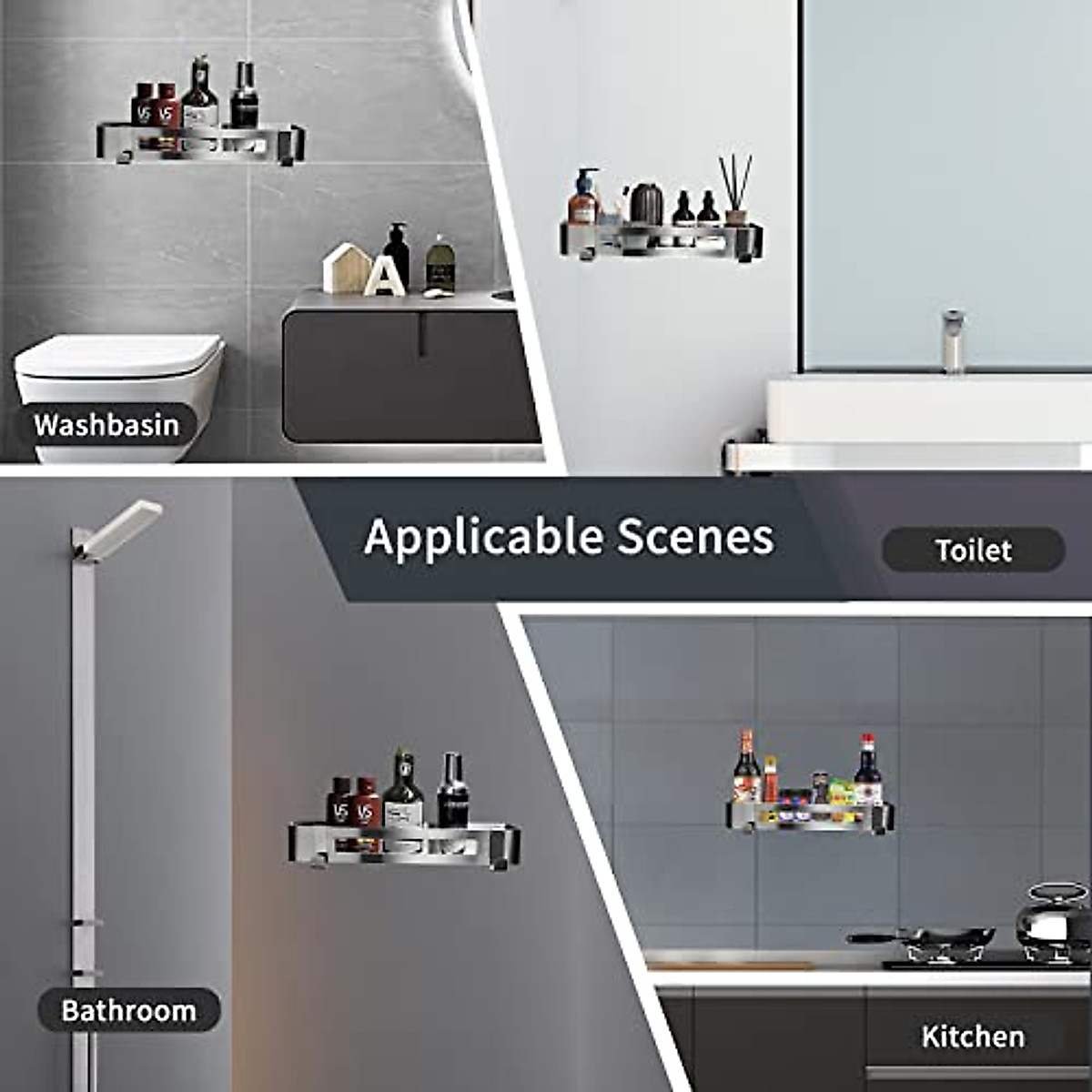 Noele Shower Caddy Organizer Shelves 2 Packs, No Drilling Adhesive Storage Basket with Removable Hooks, SUS304 Stainless Steel Rustproof Shower Rack for Bathroom Kitchen, Silver