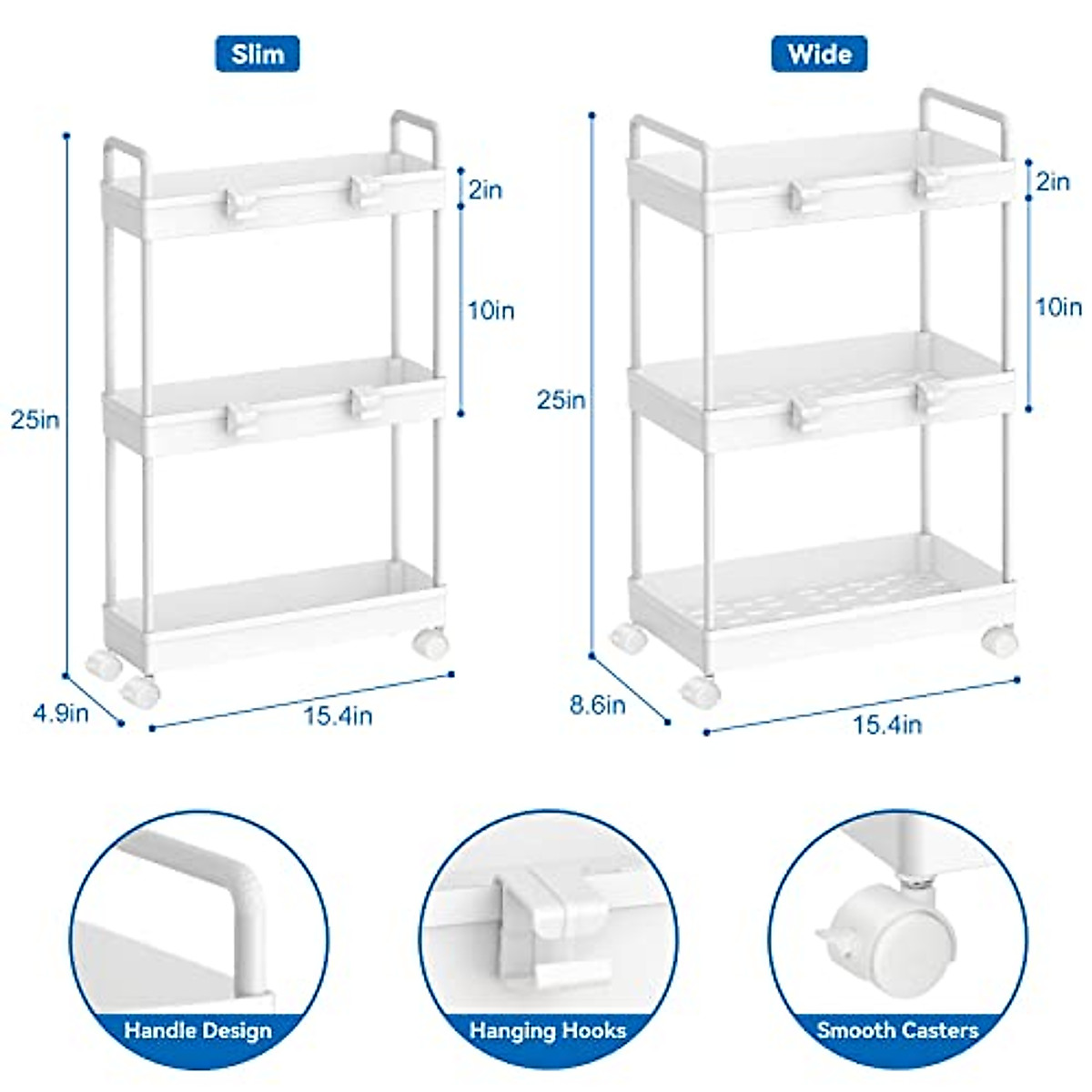 2 Pack 3 Tier Slim Storage Cart, Bathroom Organizer Laundry Room Organization Mobile Shelving Unit Slide Out Rolling Rack with Wheels for Kitchen Garage Office Small Apartment Narrow Space