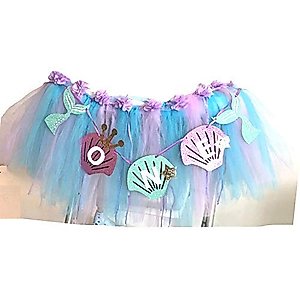 2 in 1 Mermaid 1st Birthday Party Supplies High Chair Tutu Tulle Decoration for Baby Purple Blue Shell "ONE" Pennant Under The Sea Mermaid Happy Birthday Favors for Highchair