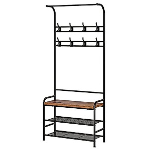 Amyove Coat Rack Shoe Bench, 3-in-1 Hall Tree Shoe Rack for Entryway, 3-Tier Storage Shelf and 8 Hooks Removable, Industrial Accent Furniture with Steel Frame, Multifunctional Hallway Organizer