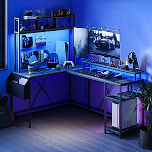 ElectraSpeedy L Shaped Gaming Desk, Reversible Corner Desk with Hutch, Power Outlets, LED Strip, Monitor Stand, Storage Shelves, and Side Storage Bag for Home Office (Grey)