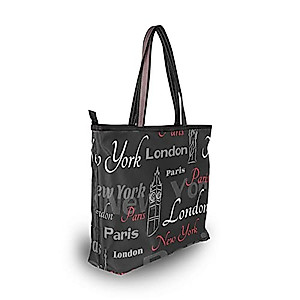 Tote Bag with Pockets for Women Black Words Cloud Shoulder Bag Handbags Zipper Work Small Travel Office Business