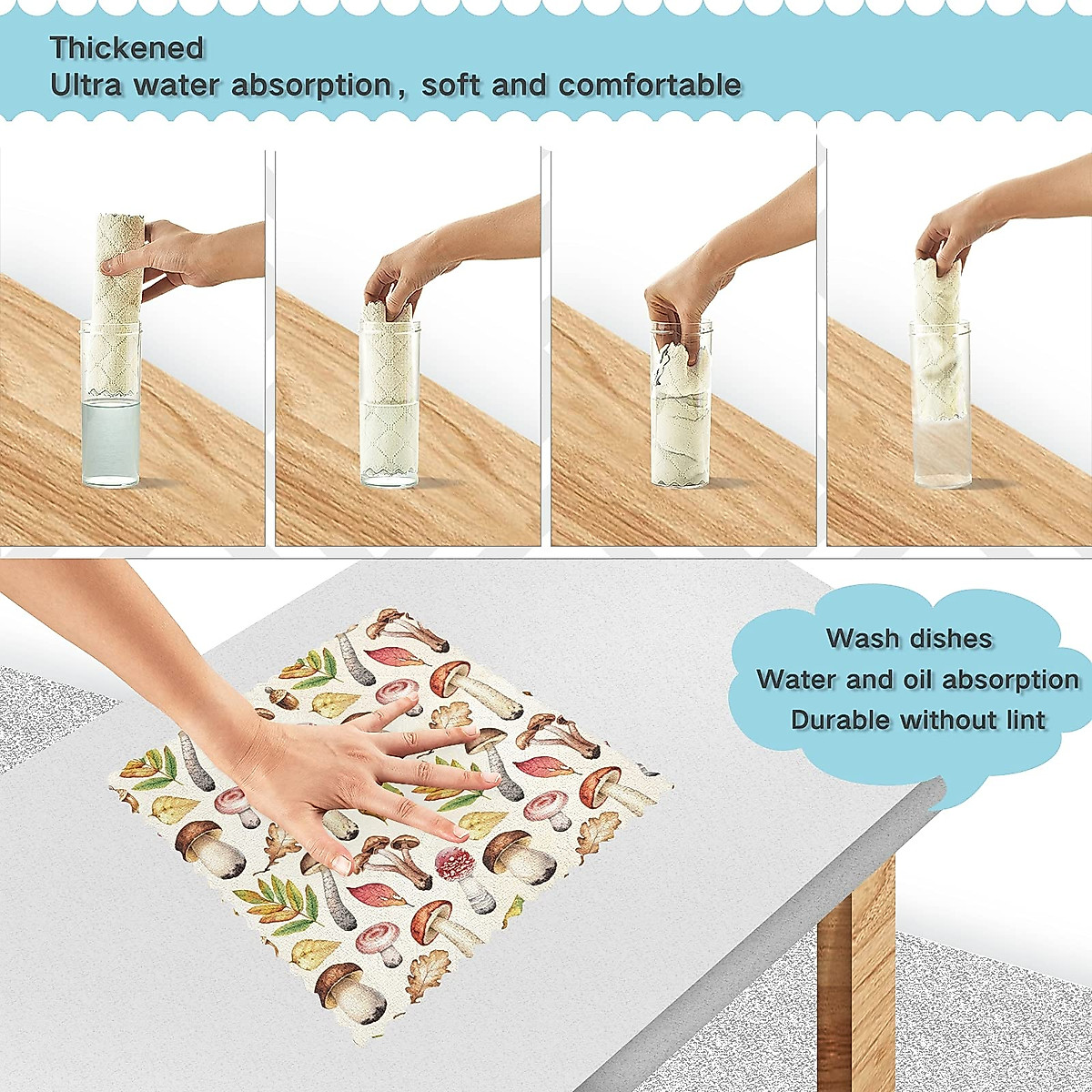 ALAZA Cartoon Mushroom Autumn Watercolor 6 Pack Kitchen Towels Dish Bar Tea Towel Dishcloths Fast Drying Super Soft 11 x 11 inches