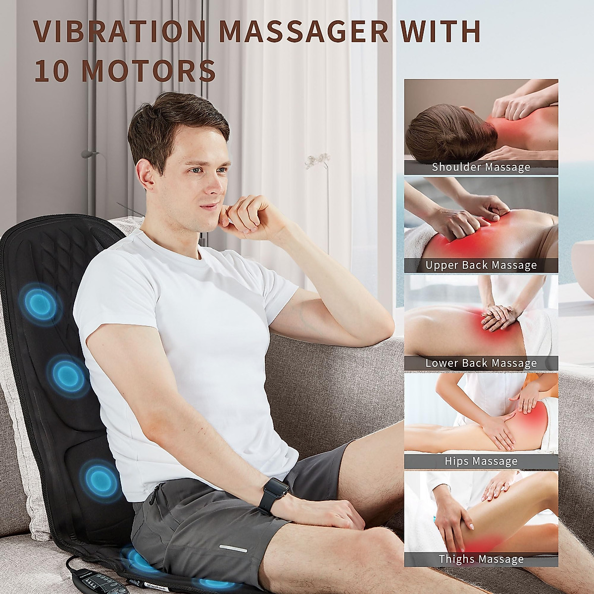 Back Massager with Heat, Massage Seat Cushion with 3D Lumbar Traction, 10 Vibrating Motors Massager Chair Pad for Full Body Pain Relief, and Home Use