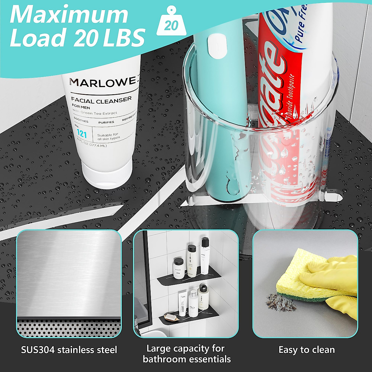 Qeke Shower Corner Shelf 304 Stainless Steel 12" Corner Shelf Bathroom Shampoo Holder for Shower Floating Corner Shelf for Wall, No Drilling, Matte Black