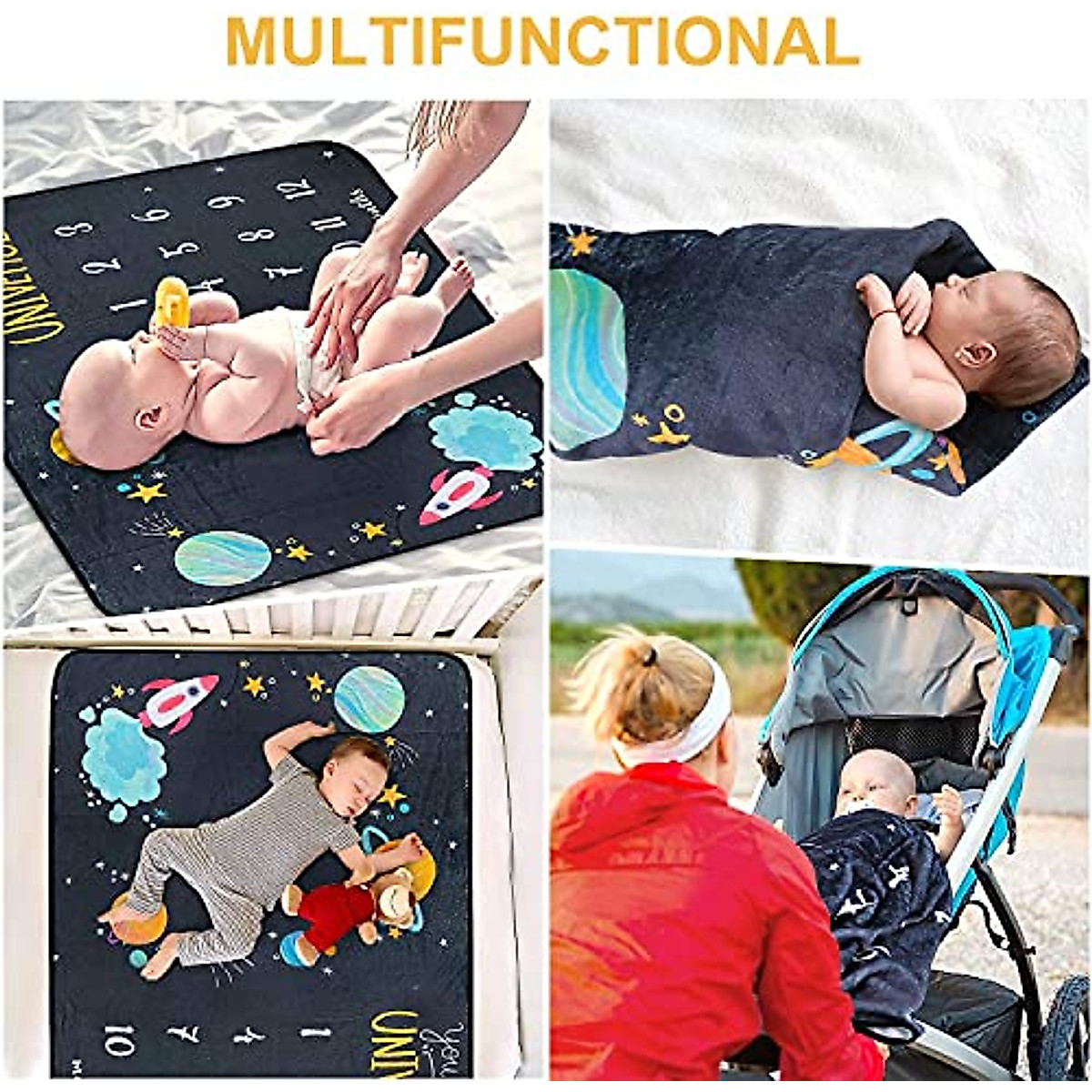Baby Milestone Blanket - Cute Space Design Monthly Milestone Blanket for Baby Boy and Girl, Soft and Thick Flannel Material Wrapped with Milestone Stickers