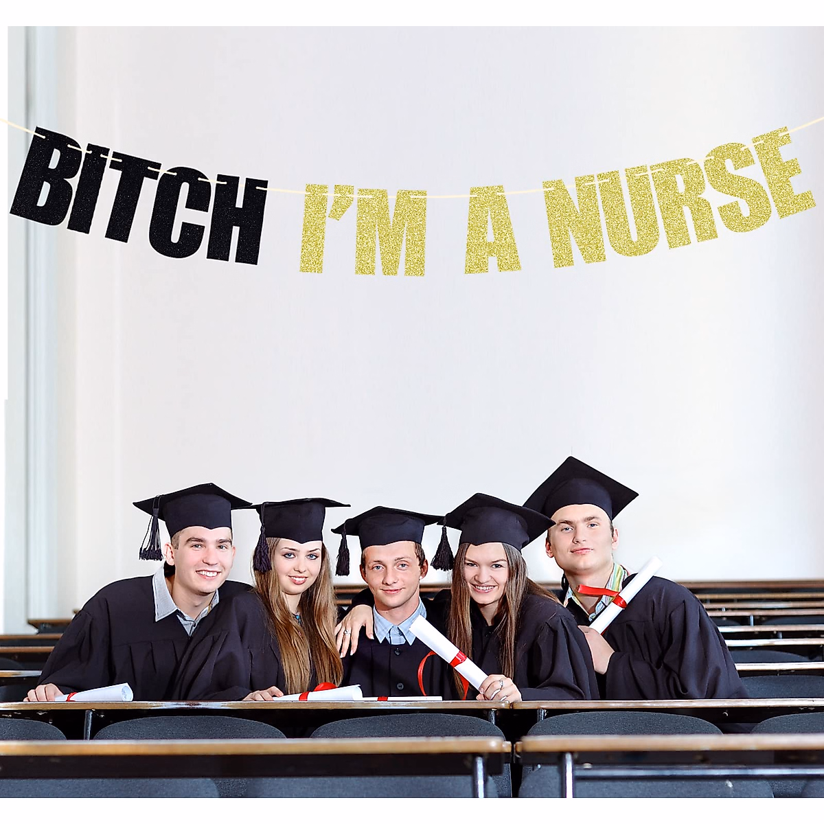 I'm a Nurse Banner, Future Nurse, Nursing School Graduation Decorations 2024, Funny Class of 2024 Nurse Grad Party Decorations Black and Gold Glitter