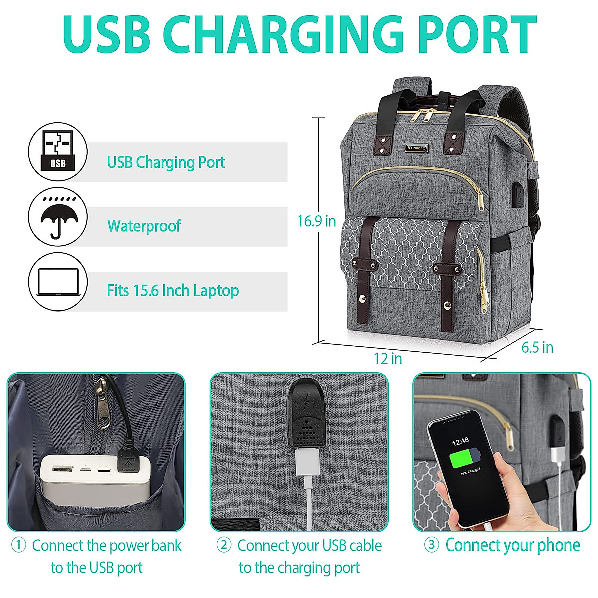 Travel Backpack for Women, Large Wide Open Womens Backpack for Work, Water Resistant Collage School Backpack with USB Port, 15.6 Inch Bookbag Computer Bag for Doctor Teacher Student Nurse, Grey