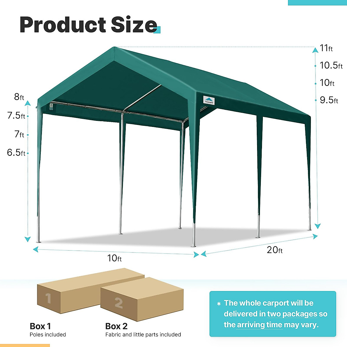 ADVANCE OUTDOOR 10x20 ft Carport with Adjustable Height from 9.5 ft to 11 ft, Heavy Duty Car Canopy Garage Party Tent Boat Shelter, Green