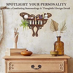 Luna Moth Crystal Shelf Display, Boho Pine Wood Wall Floating Shelves with Light for Gem Stone Essential Oil Storage, Bohemian Wooden Butterfly Hanging Witch Home Rustic Decor Holder for Bedroom Altar