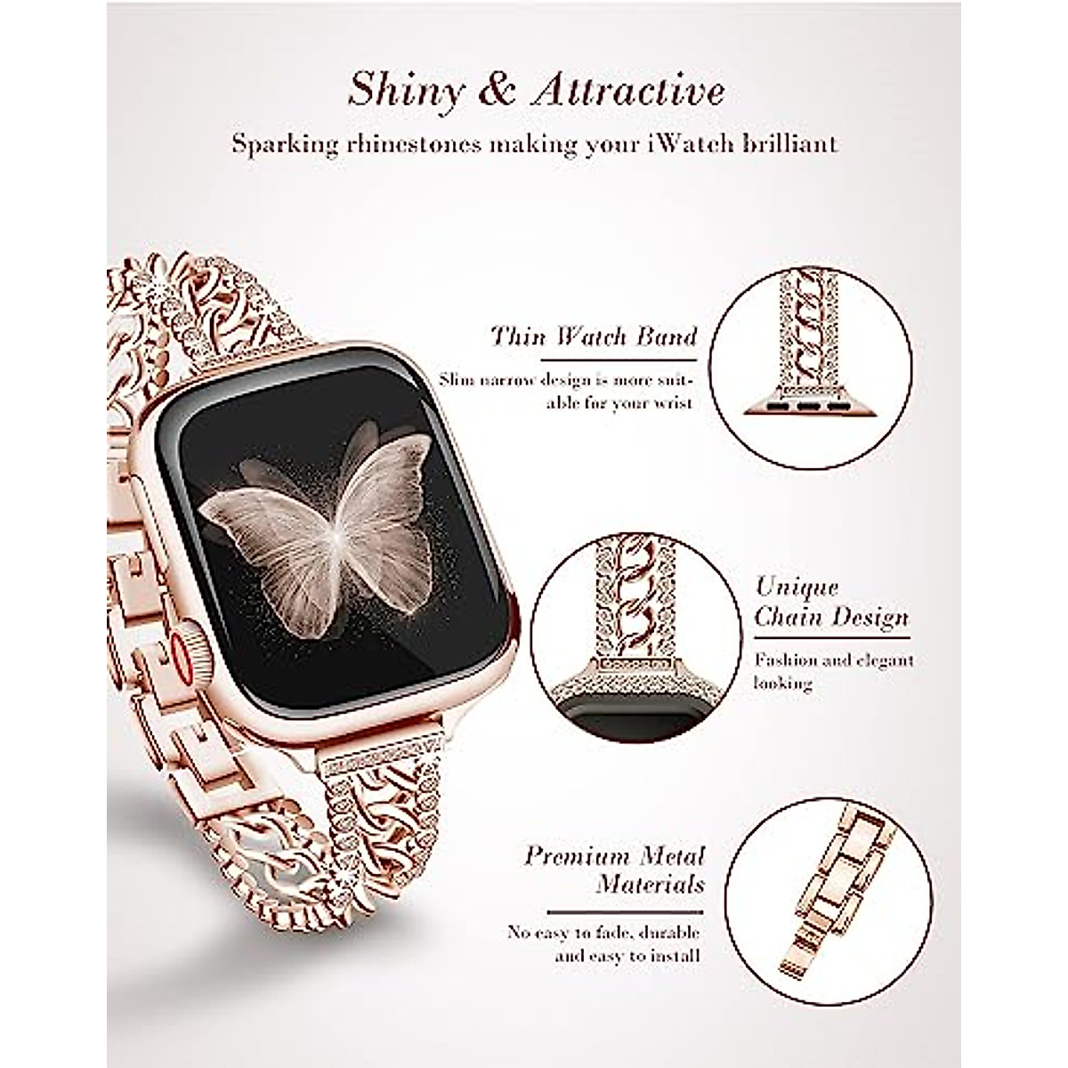 Bling Chain Bracelet Compatible with Apple Watch Band 41mm 40 mm 38mm Series 8 7 6 5 4 3 2 1 SE Women, beu1st Replacement iWatch Band Diamond Rhinestone Stainless Steel Metal Wristband Strap Rose Gold