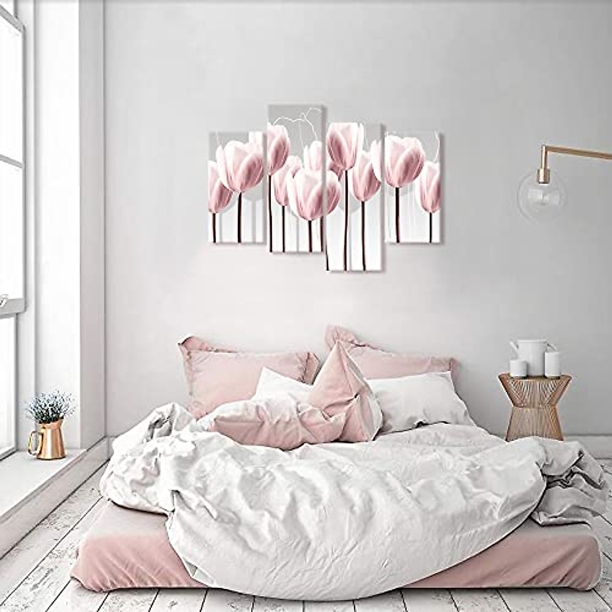Floral Canvas Wall Art,Canvas Print Pink Tulips for Wall Decor, Framed and Stretched 4 Panels Elegant Flowers Canvas Prints (01 Pink Tulip)