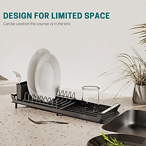 E-ROOM TREND Extendable Dish Drying Rack, Multifunctional Dish Rack for Kitchen Counter, Anti-Rust Drying Dish Rack with Cutlery Holders 18.6" L x 7.9" W, Black(DR402B)