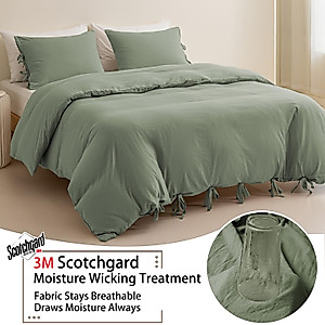 MUKKA Sage Green Duvet Cover Set Queen Size with Bowknot Closure 3 Pieces Washed Microfiber Duvets Set Boho Style for Girl Men Women