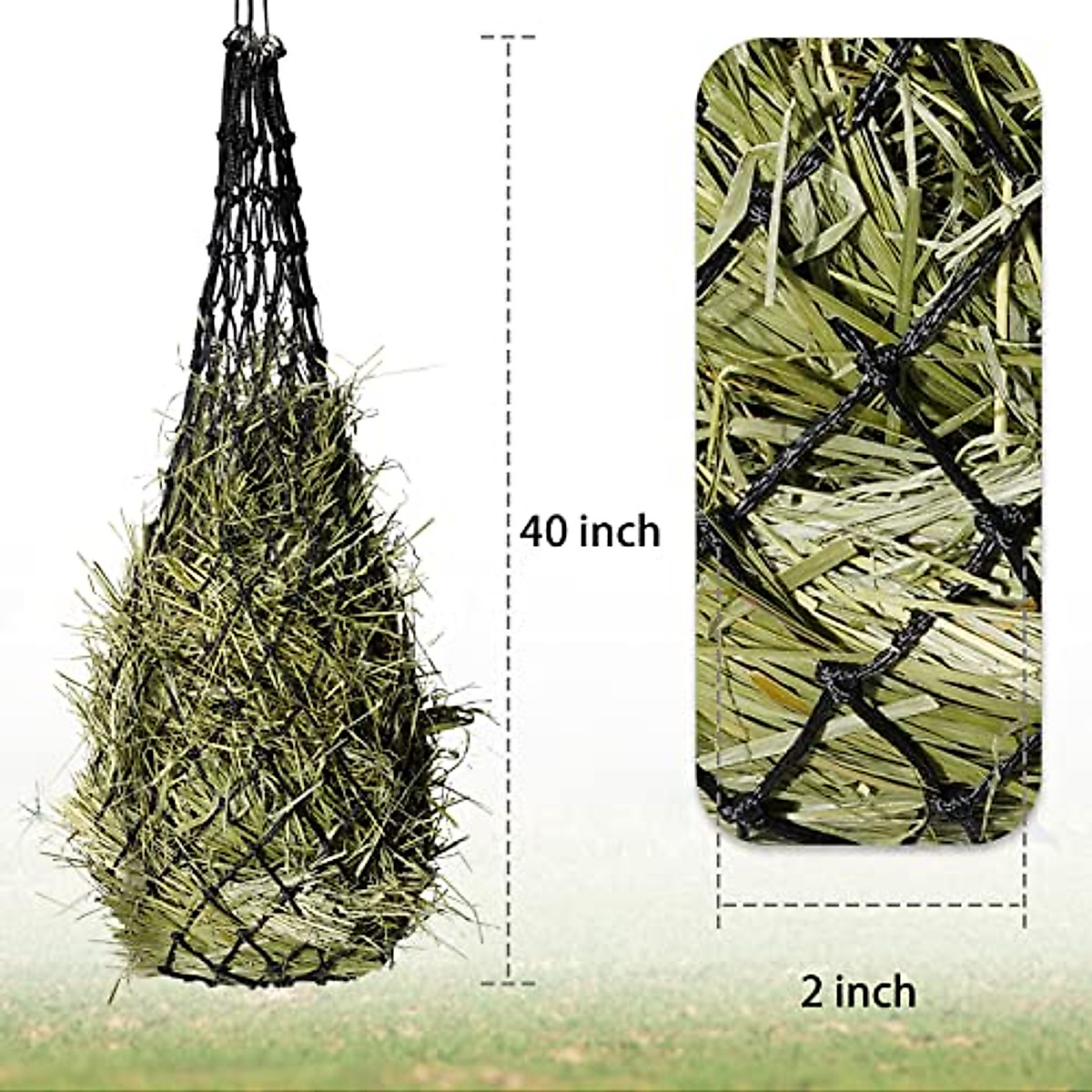 Woiworco 2 Packs Slow Feed Hay Net for Horses, 40 inch Length 2 x 2 inch Holes Goat Hay Feeder, Adjustable Nylon Hanging Hay Bags for Horse Goat Feed, Horses Stall and Trailer, Reduce Waste