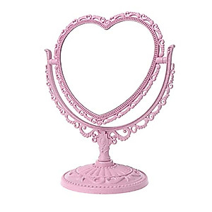 AKOAK 1 Pack Simple and Lovely Heart-Shaped Cosmetic Mirror Plastic Double-Sided Rotatable Dresser Mirror Lightweight Mirror Bathroom Bedroom Mirror （Four-Color） (Pink)