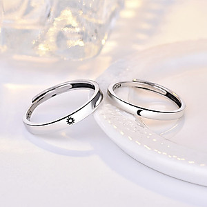 2 Pcs Couple Rings Silver Sun Moon Rings for His Hers Wave Matching Rings Set Long Distance Relationship Rings Adjustable Promise Rings for Best Friends(2 Pcs Couple Rings B)