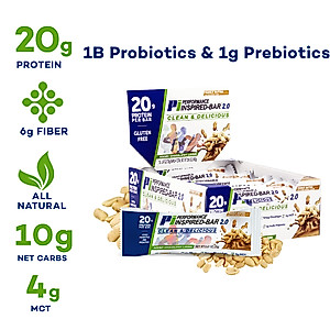 Performance Inspired Nutrition Protein Bar 2.0 – 20G Protein, 6G Fiber, 4G MCTs, 1 Billion CFU Probiotics – Gluten-Free – Peanut Butter Flavor – 12 Count