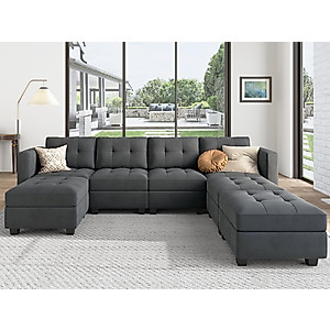 HONBAY Modular Sectional Sofa Oversized U Shaped Couch with Storage Seat Velvet 7 Seater Modular Sofa with Reversible Chaises, Bluish Grey