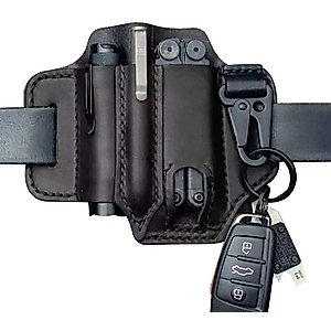Handmade Leather Multitool Sheath, EDC Belt Pocket Organizer, Flashlight Holster, Storage Belt Waist Bag for Camping, Leatherman Sheath with Pen Holder, Key Fob (Black)