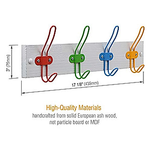 Tibres - Kids Coat Hook Rack for Boys and Girls for Jackets Clothes Hats Backpacks Robes and Towels - Kids Hanger for Use in Nursery Bedroom and Bathroom - Safe Colorful Wire Hooks and White Rail