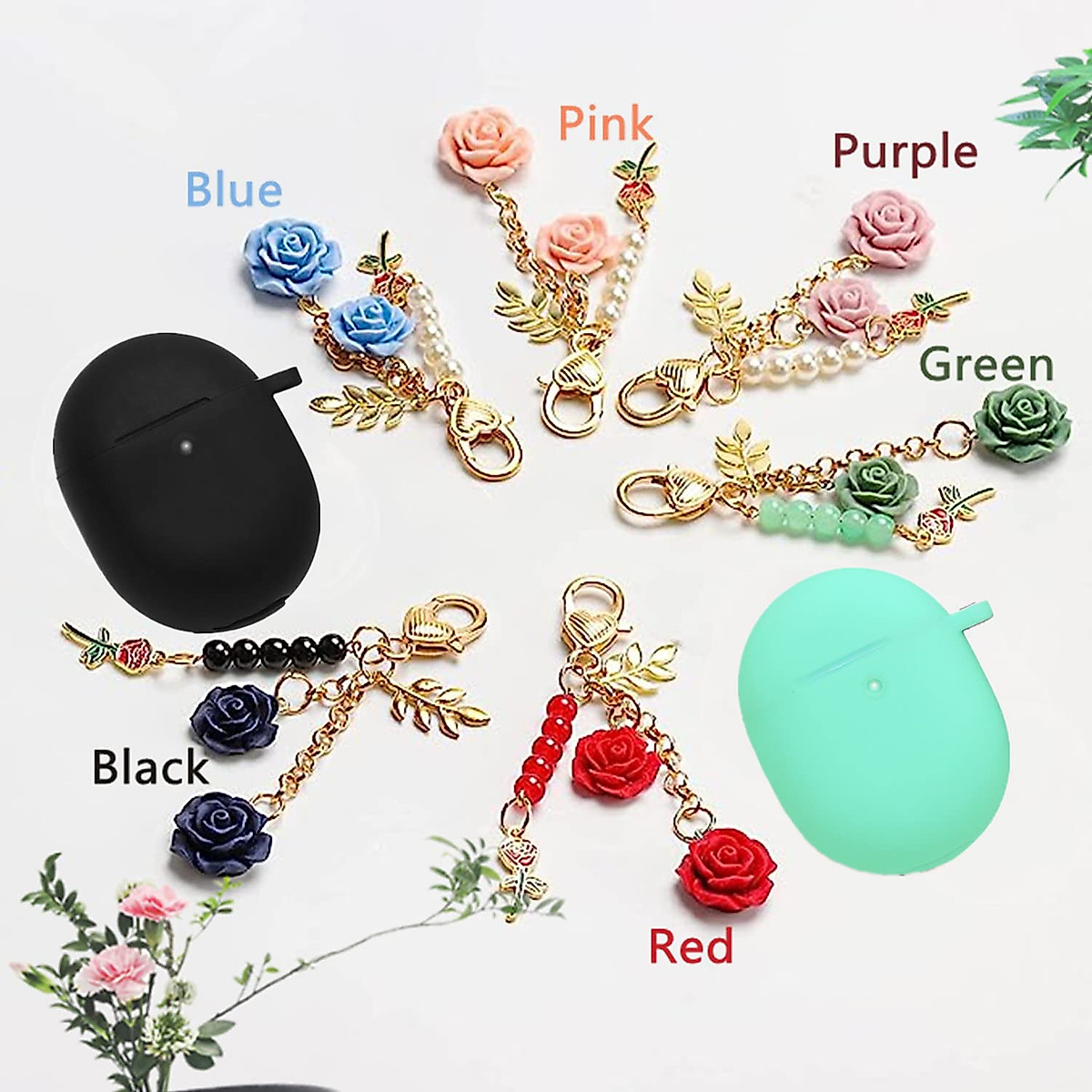 for Google Pixel Buds Pro Case Cover with Keychain,Cute Silicone for Pixel Buds Pro Charging Case Protective Cover with Flowers Carabiner Key Chains for Google Buds pro case for Women Girls (Green)