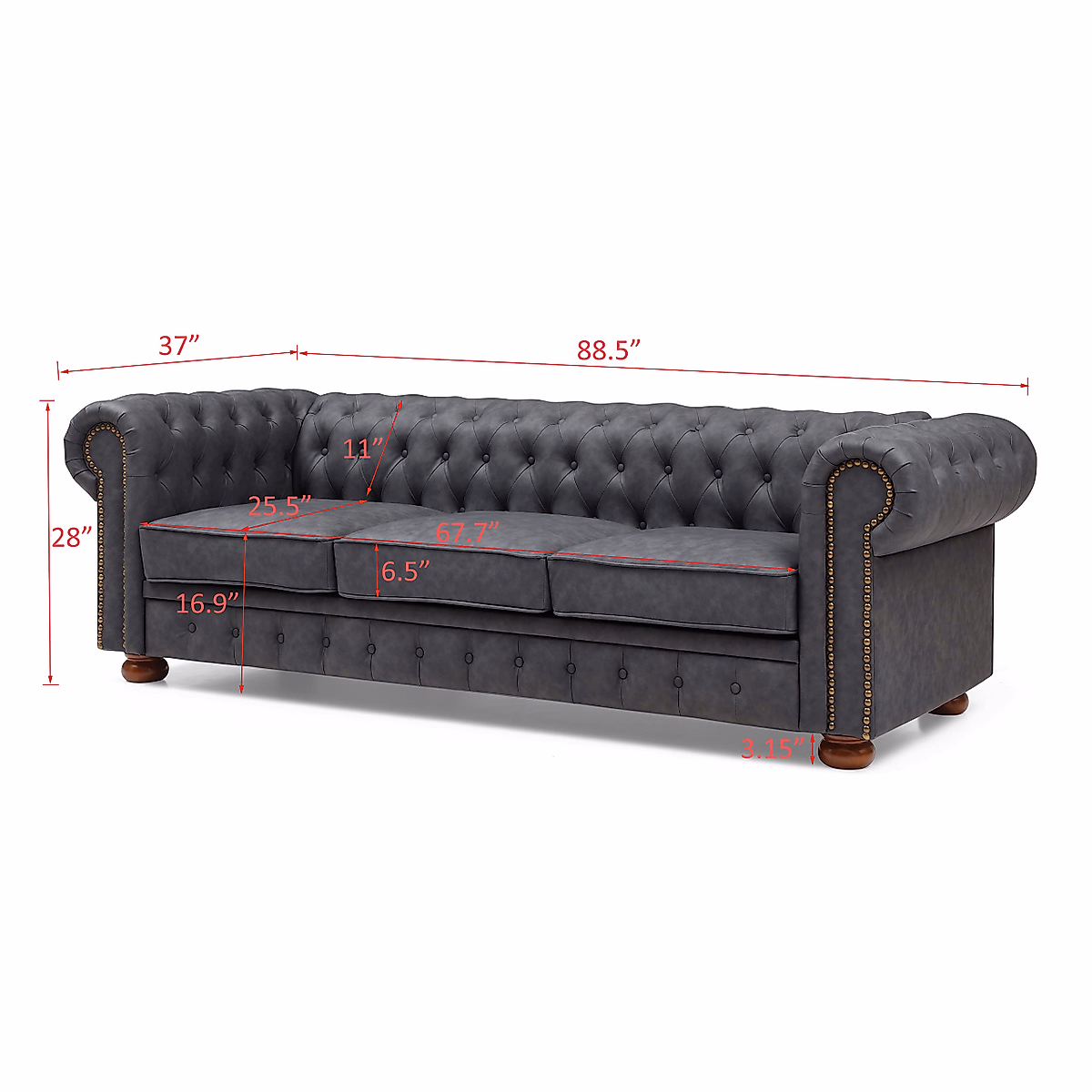 Chesterfield 3 Seater Faux Leather Sofa, Button Tufted Upholstered Couch with Nailhead Arms Removable Cushions Rubber Wood Legs for Living Room Office Apartment (Dark Gray)