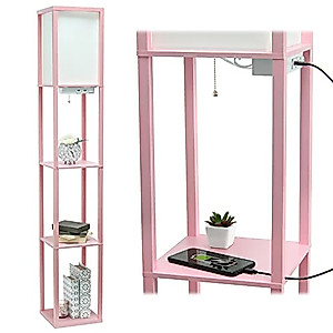 Simple Designs LF1037-LPK Floor Lamp Etagere Organizer Storage Shelf with 2 USB Charging Ports, 1 Charging Outlet and Linen Shade, Light Pink