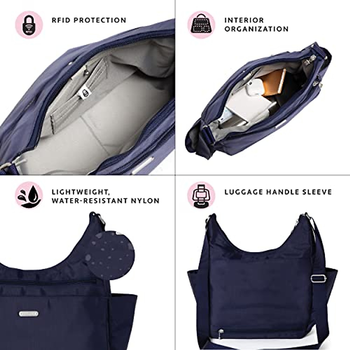 Baggallini Essential Hobo Crossbody Bag for Women - Built-in RFID Card Holder - Hobo Travel Bag with Luggage Sleeve