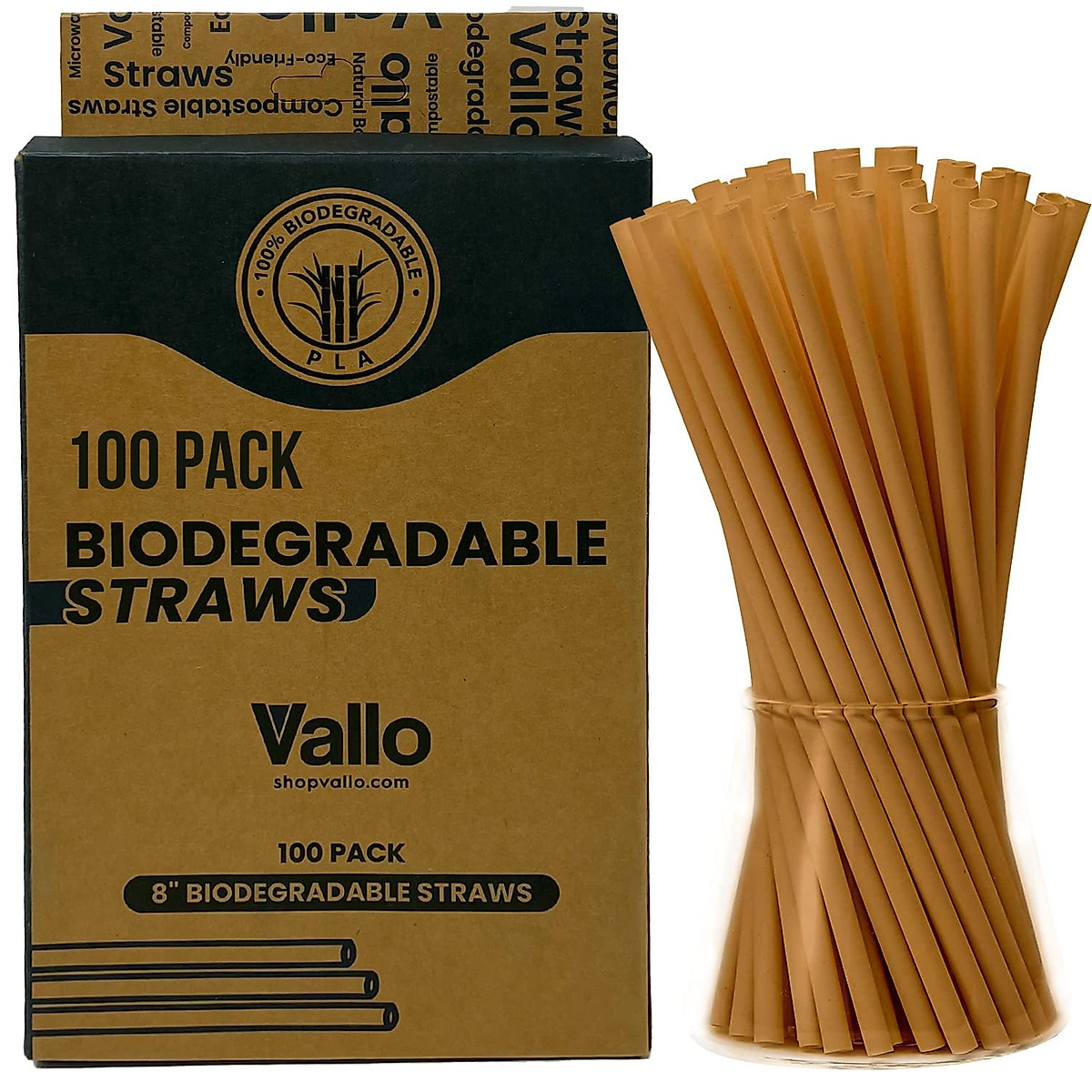 Vallo Compostable Drinking Straws - 100% Biodegradable, Recyclable, Non-Soggy, Suitable for Hot and Cold Drinks, Eco-friendly Sugarcane Material, NOT Paper, 8" Standard Size - 100 Count