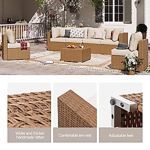LAUSAINT HOME Outdoor Patio Furniture, 7 Piece Patio Furniture Set PE Rattan Sectional Conversation Sets with Thick Cushions & Wood-Like Coffee Table for Garden, Porch(Beige/Brown Wicker)
