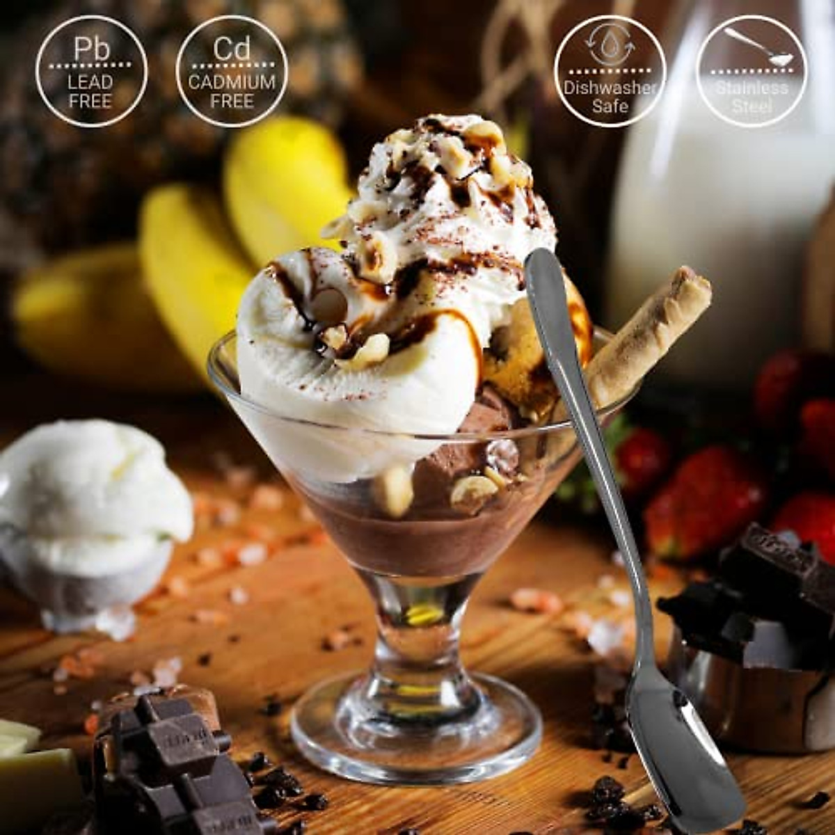 GLASIA Set of 6 Glass Ice Cream Bowls and 6 Stainless Steel Spoons | Small Dessert Cups for Parfait Sundae Snacks Fruit | Mini Footed Trifle Tasters with Spoon | Lead-Free Glass Dessert Serving Dishes