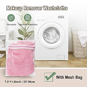 KODAMO Makeup Remover Cloth, Reusable Makeup Remover Pads Washable Travel Bag, Microfiber Makeup Removal Face Wash Cloths with Just Water, Gentle Soft, Eco-friendly, 12 Pack, Pink