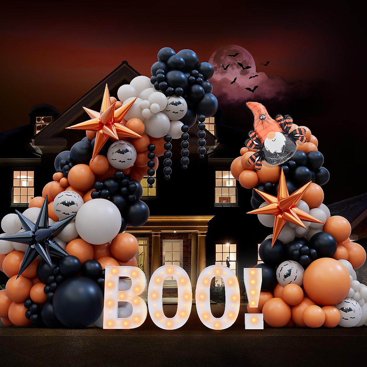 Wecepar 149pcs Halloween Balloon Garland Arch Kit Black Orange Sand White Balloon with Spider Elves and Moon Cat Foil Balloons for Birthday Halloween Day Party Decorations