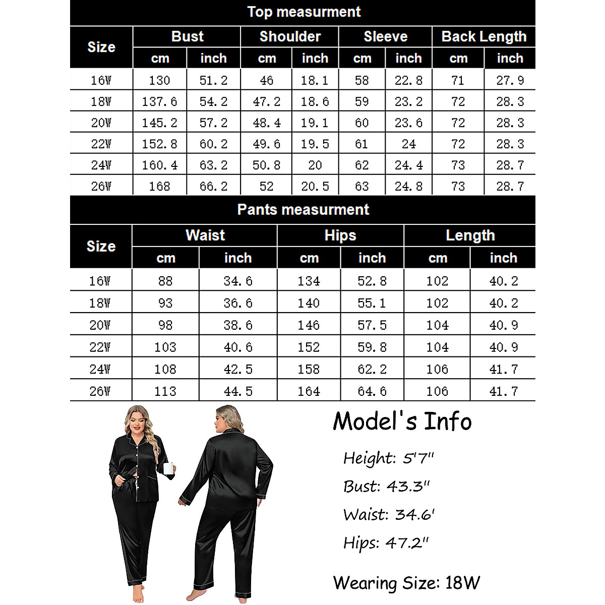 SWOMOG Women Plus Size Long Sleeve Pajamas Silk Satin Pajama Sets Button Down Sleepwear Pjs Loungewear with Pockets Black